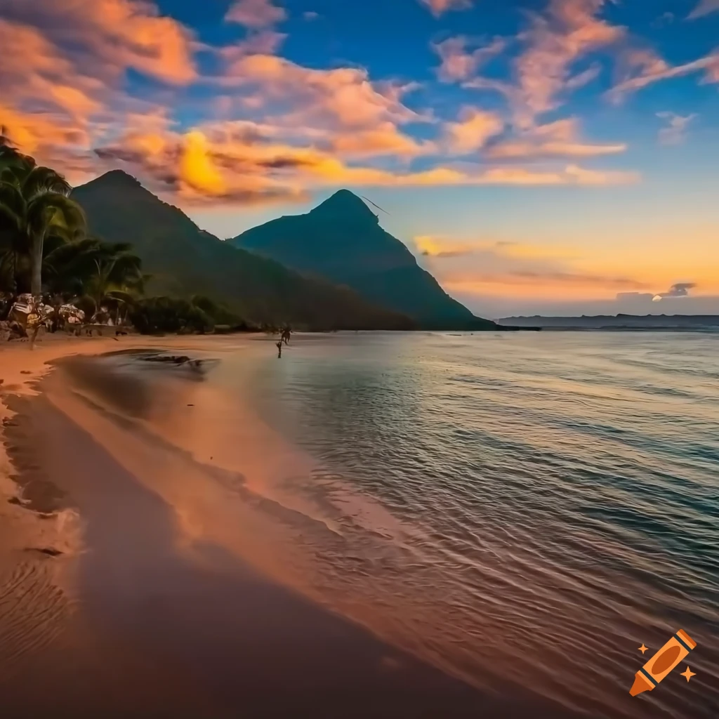 Colonial city at sunset on a sandy beach with palm trees, surrounded by ...