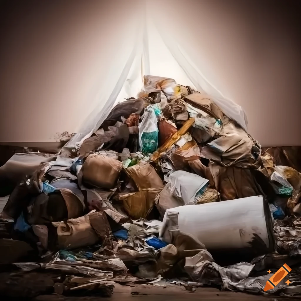 Pile of junk covered with a white drapery in a dramatic landscape on ...