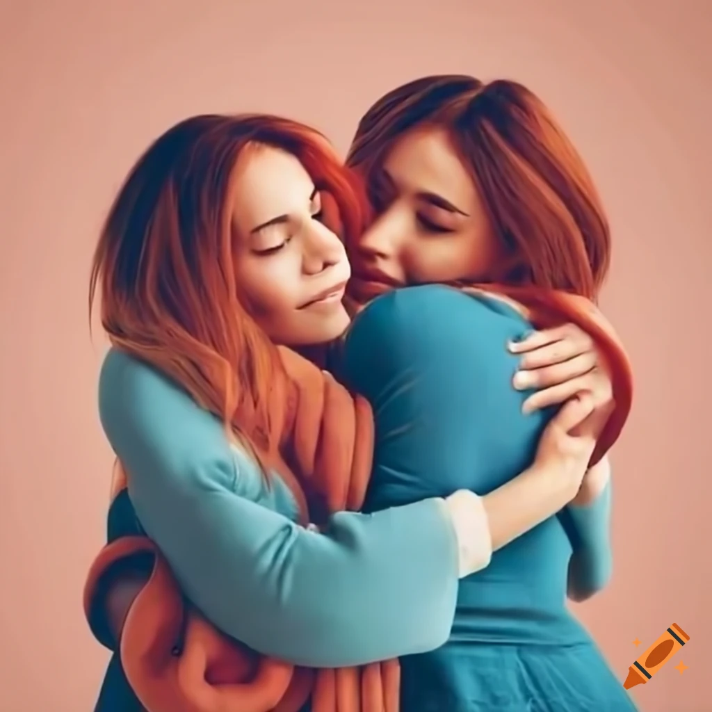 Two women hugging in a cozy embrace on Craiyon
