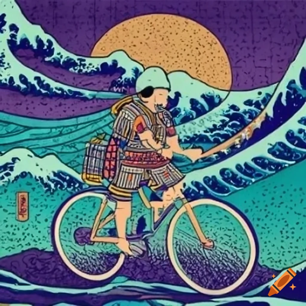 Samurai on a bicycle riding The Great Wave of Hokusai in pen and ink ...