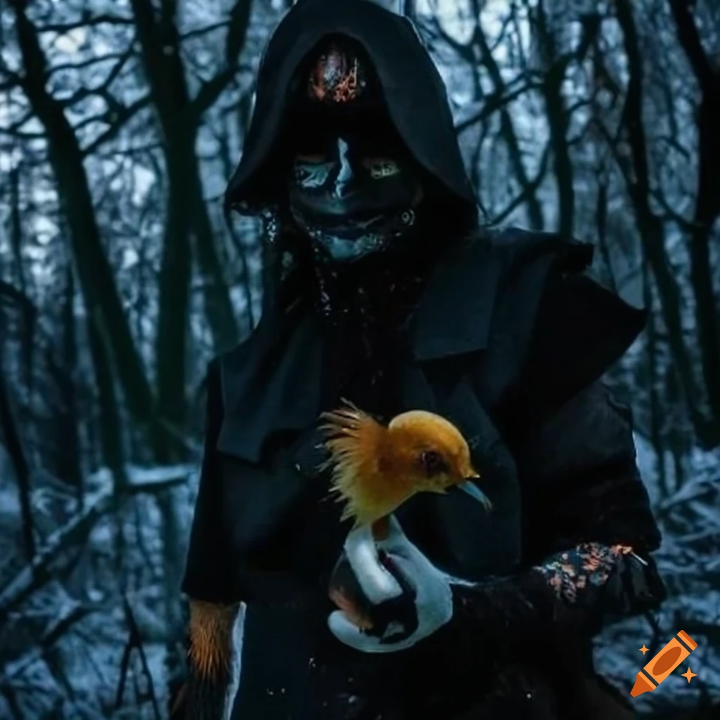 Gothic figure in corpse paint with a chicken in a snow-covered forest ...