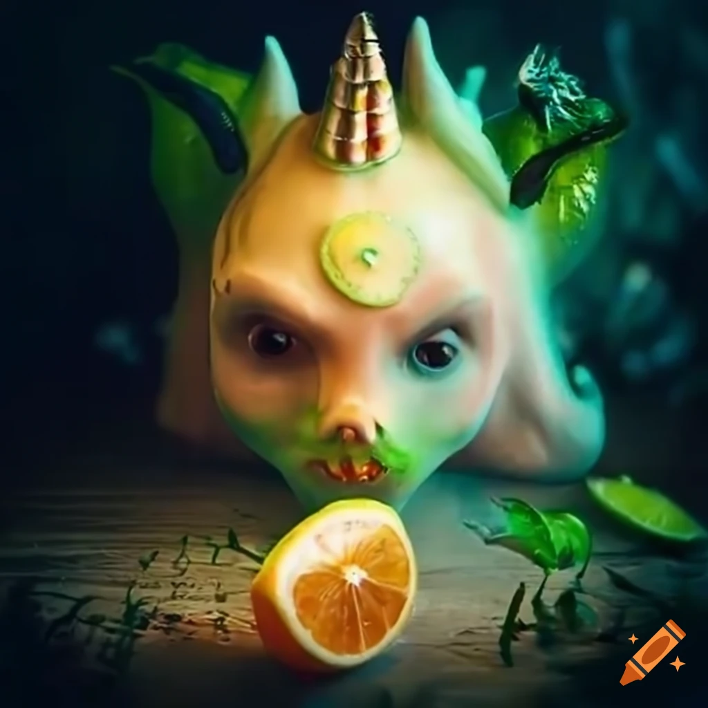 Mythical creatures and mutant omega mart lemon fruit monster in a ...