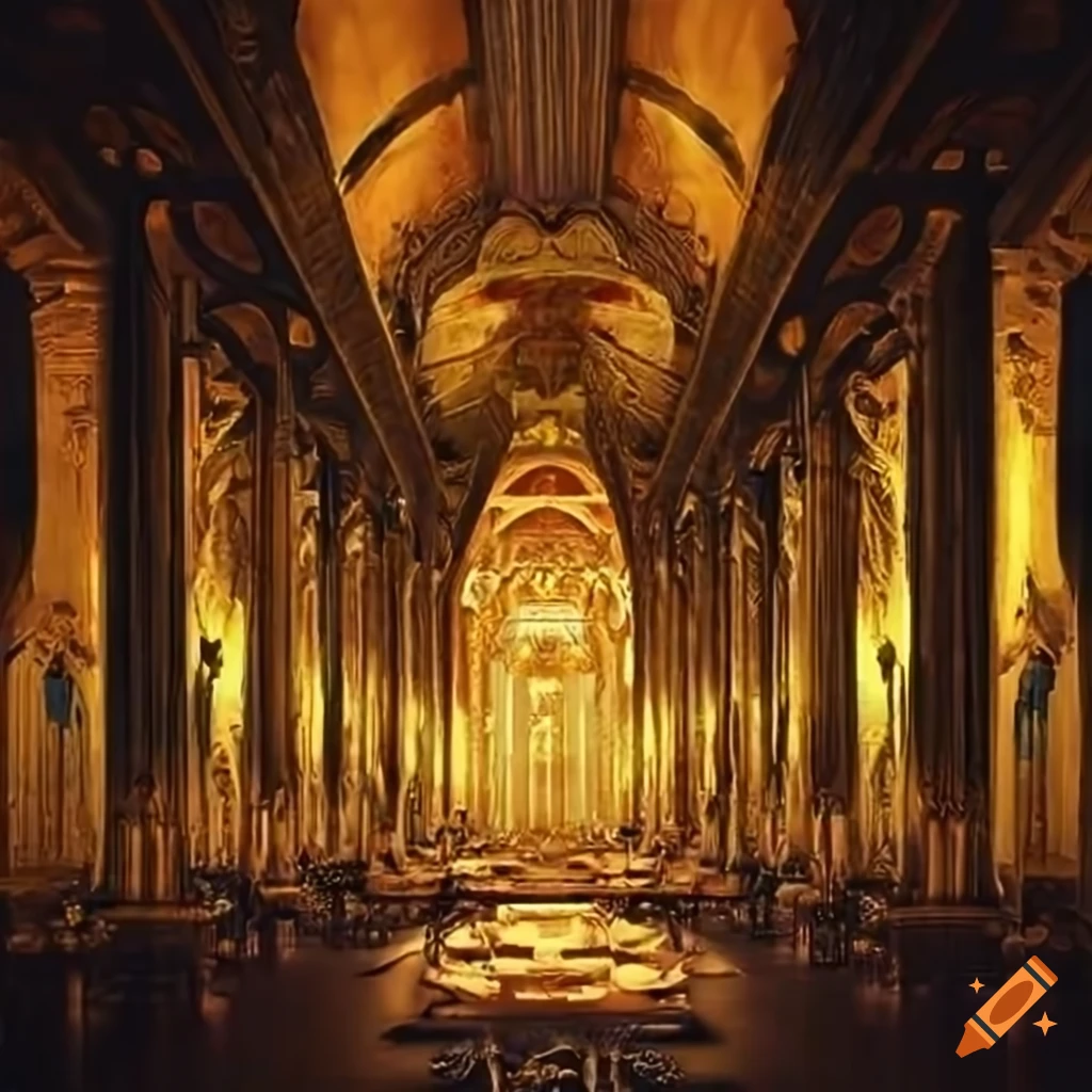 Golden asgard dining hall with norse carvings under a sunset on Craiyon