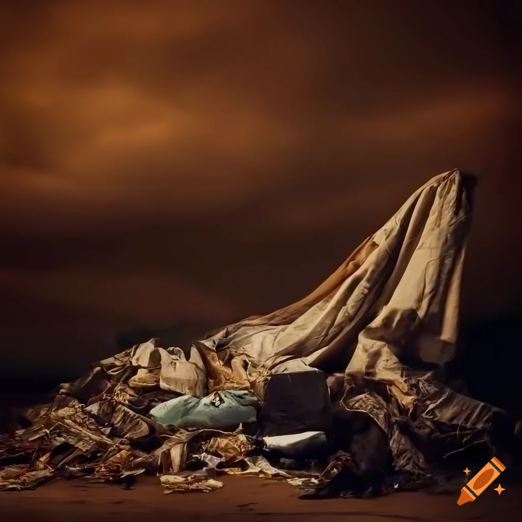 Pile of junk garbage covered with drapery in a dramatic destroyed ...