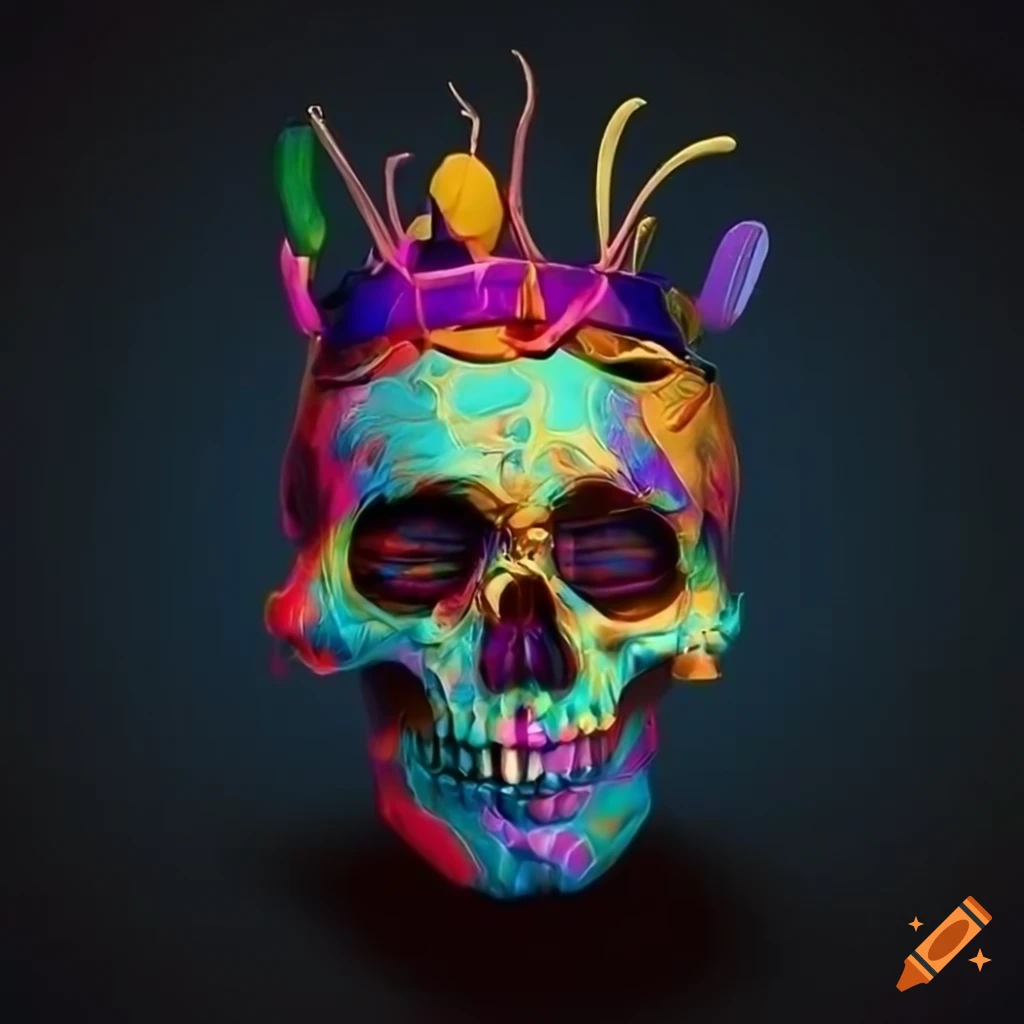 Stylized 3d art of vibrant skulls with creative accessories on Craiyon