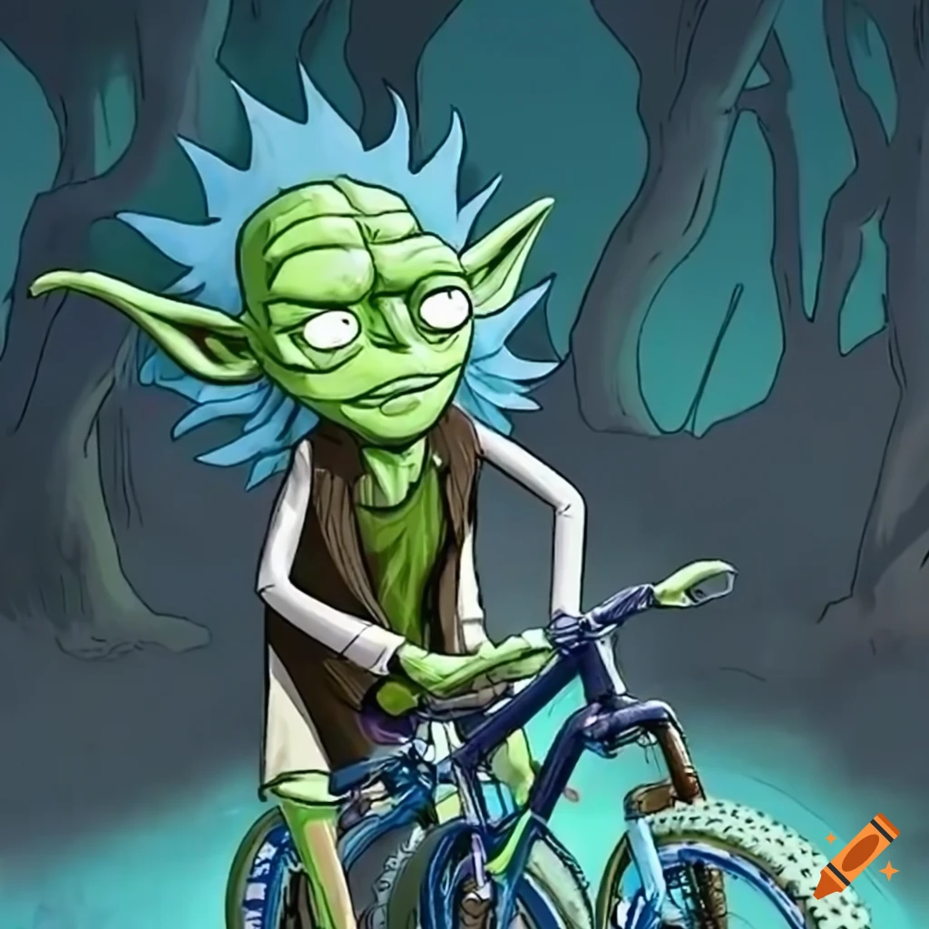 Yoda riding a mountain bike in a 'Rick and Morty' style on Craiyon