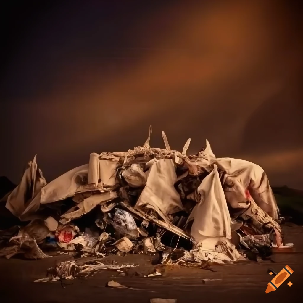 Pile of junk garbage covered with a drapery in a dramatic landscape on ...