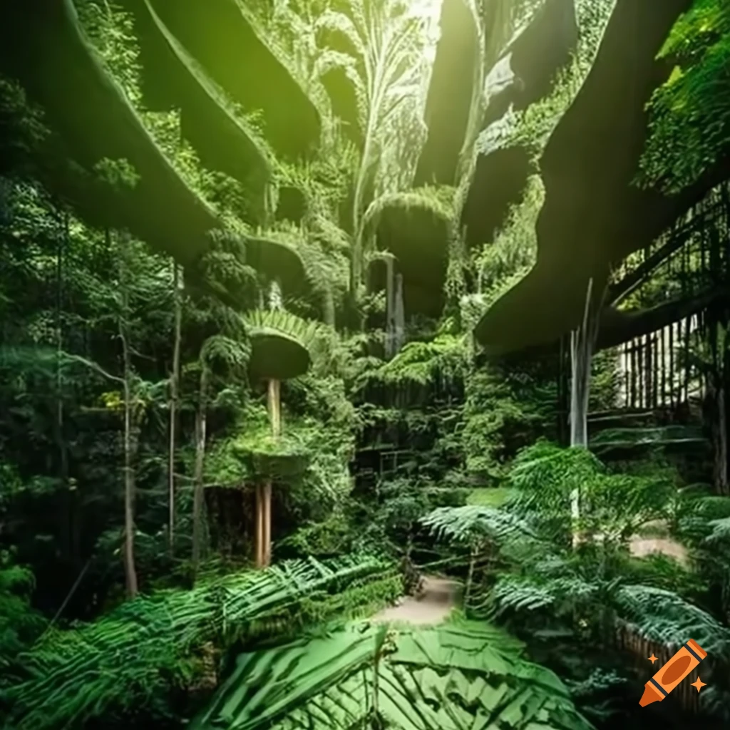 Open forest skyscraper made of trees in a rainforest with suspended ...