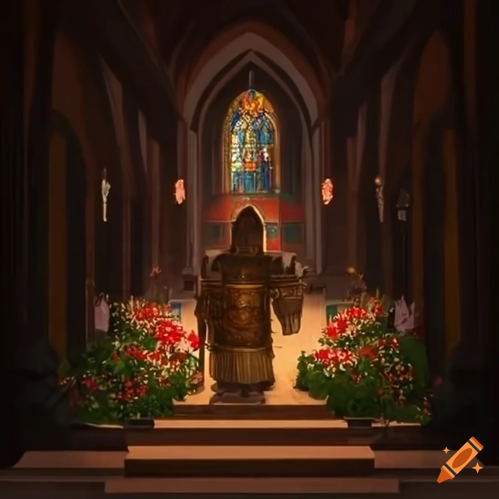 Man in armor kneeling in a church surrounded by blooming flowers and ...