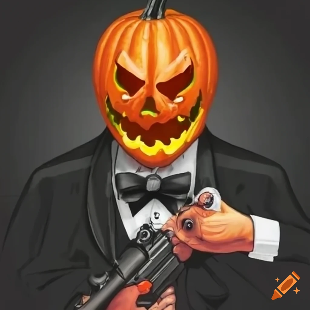 Pumpkin head in tuxedo holding a bomb launcher on Craiyon