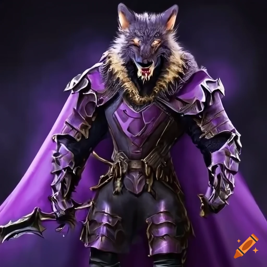 Fierce wolf demon in dark knight armor with regal purple cape on Craiyon