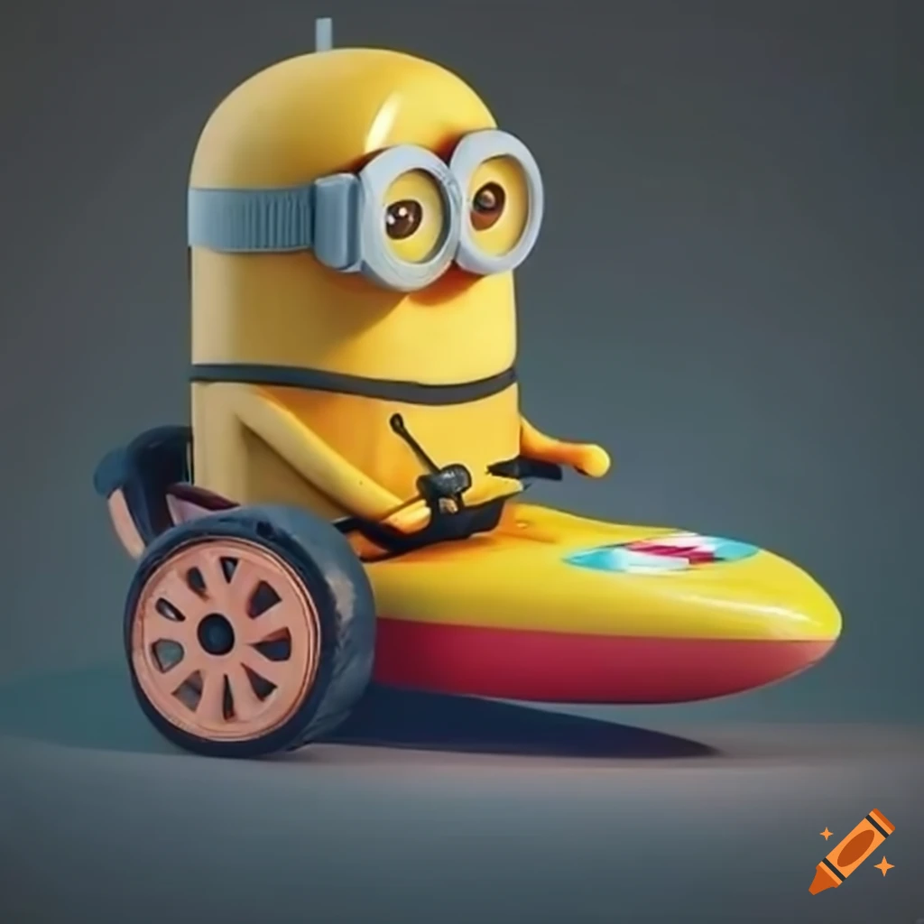 Creative minion driving a go-kart kayak with oversized wheels on Craiyon