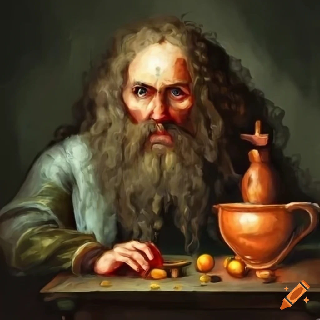Renaissance-style painting of a bearded wizard brewing a potion in an ...