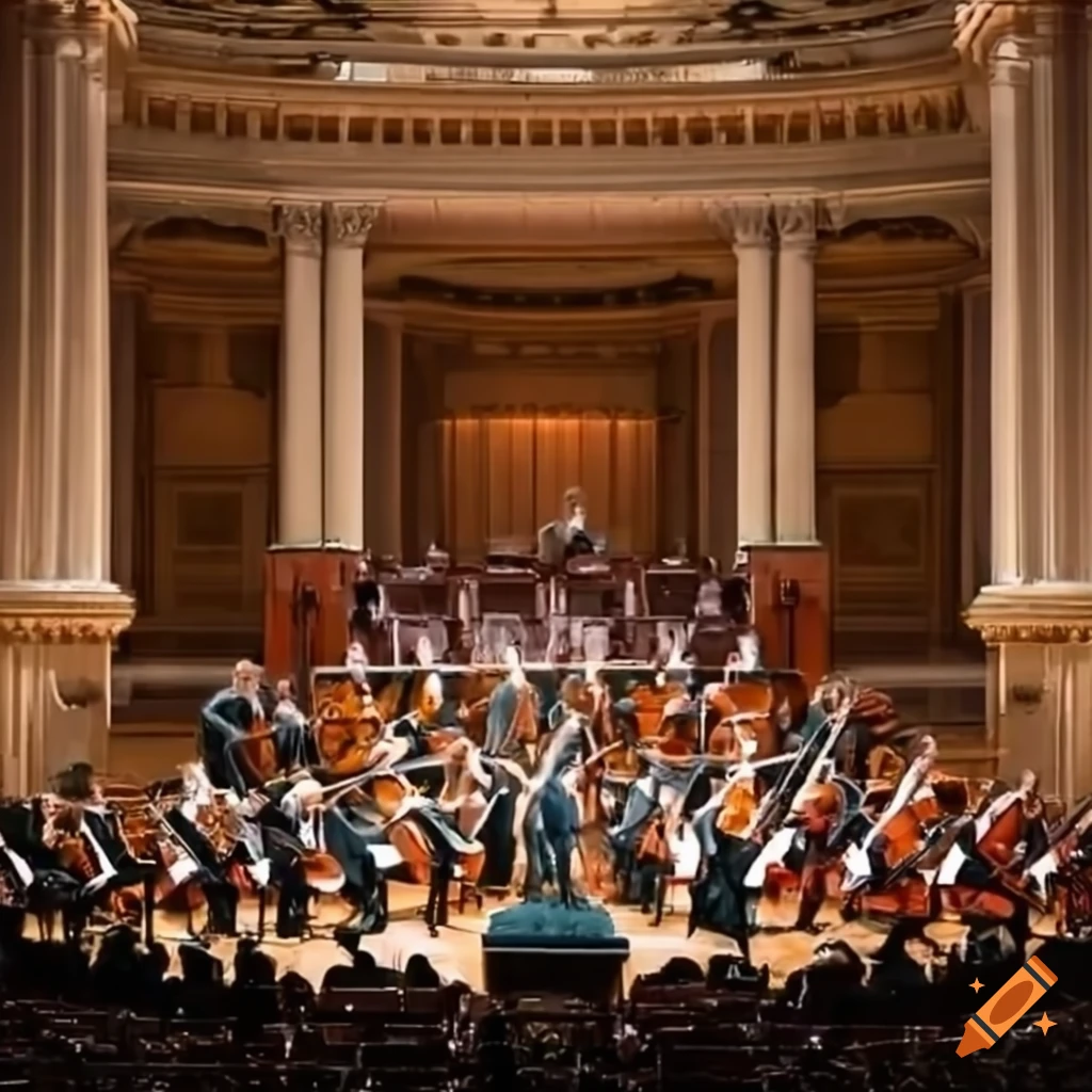 Symphony orchestra dressed in formal attire performing at a grand ...