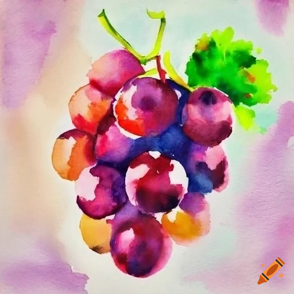 Vibrant watercolor painting of grapes with gentle brushstrokes on Craiyon