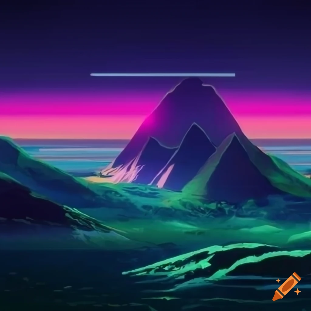 80's-inspired paleoart landscape with a synthwave vibe on Craiyon
