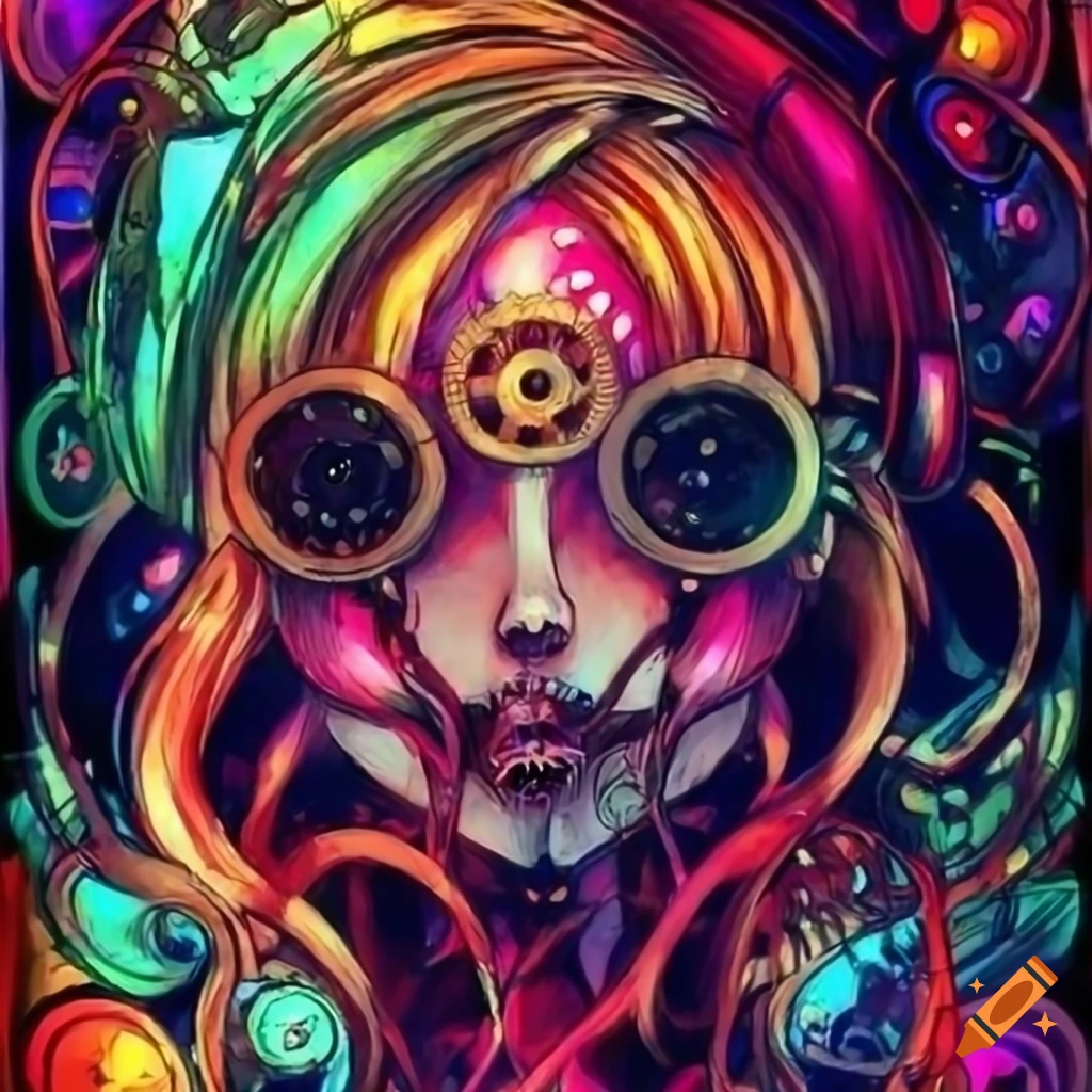 Bright and colorful abstract art with an old-fashioned, anime-inspired ...