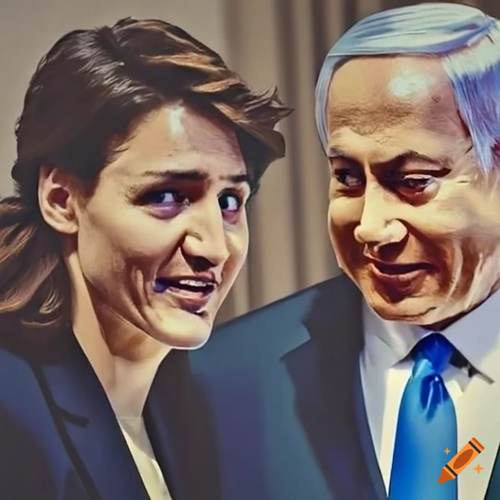 Netanyahu and Justin Trudeau together in a satirical context on Craiyon