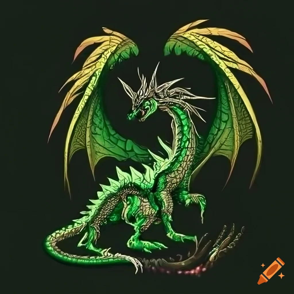 Intricate illustration of a green dragon sitting majestically on Craiyon