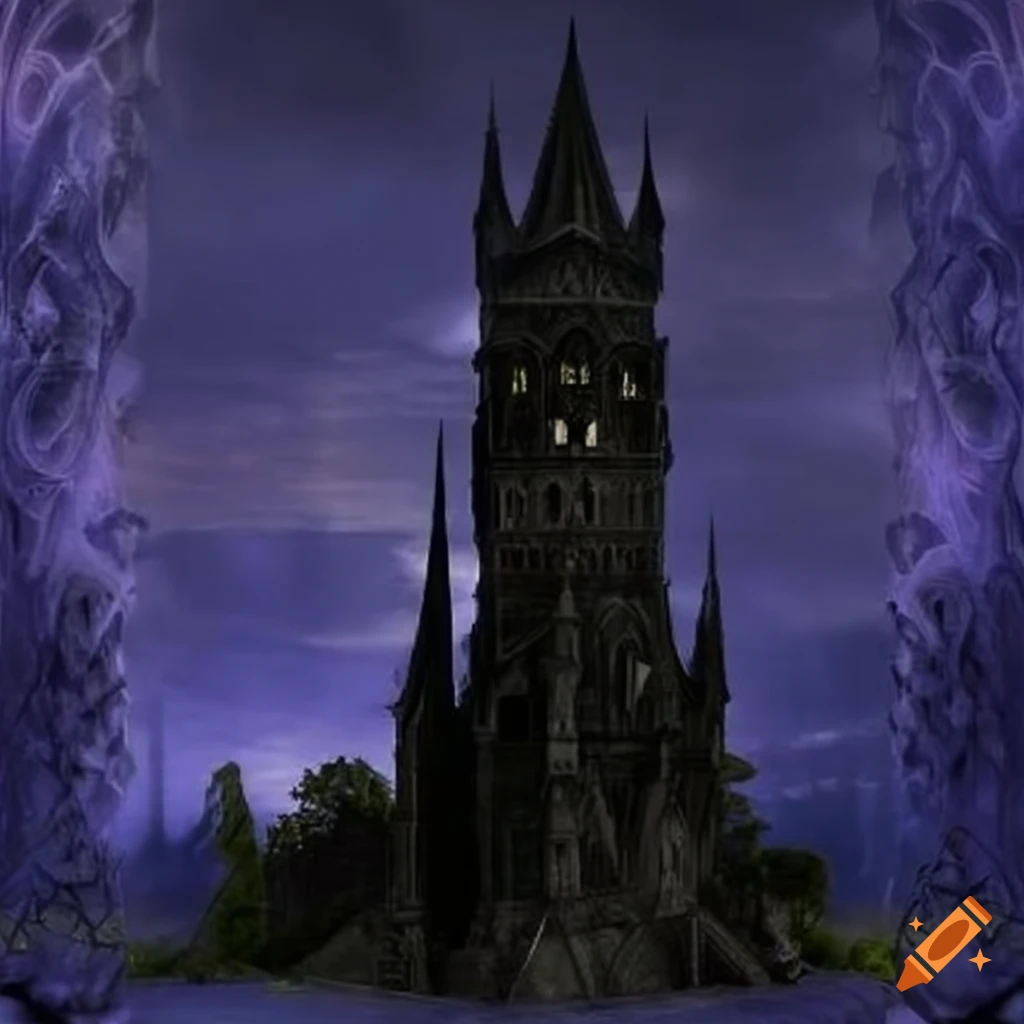 Mystical gothic dark fantasy tower with lit windows on Craiyon