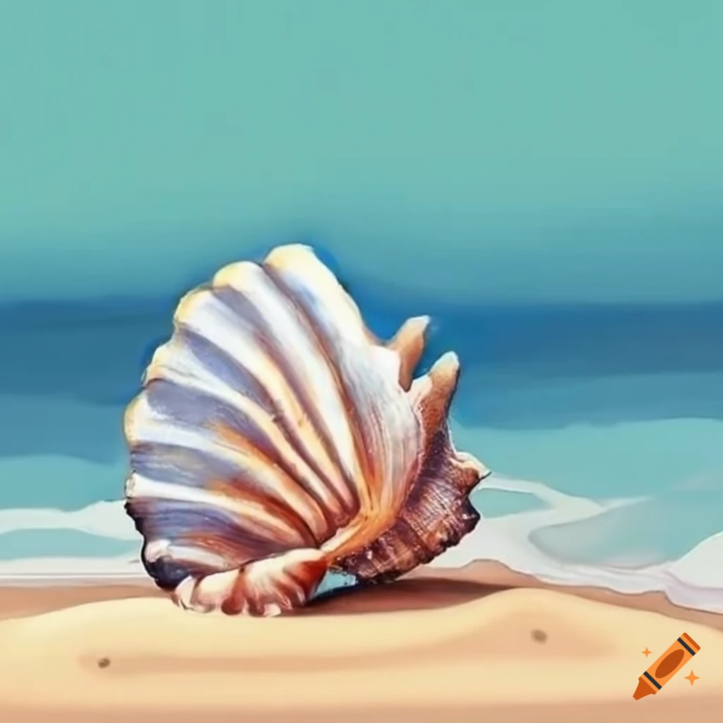 Beautiful sea shell on a sandy beach in soft blue light on Craiyon