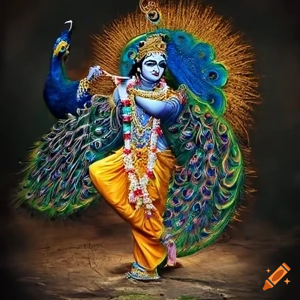 Krishna dancing with a peacock on Craiyon