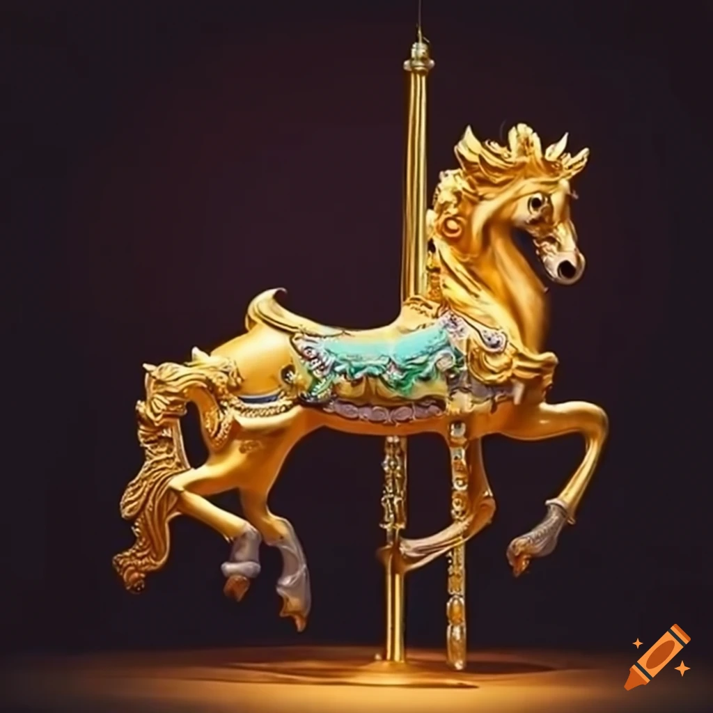 Intricate golden carousel horses with gold decorations on Craiyon