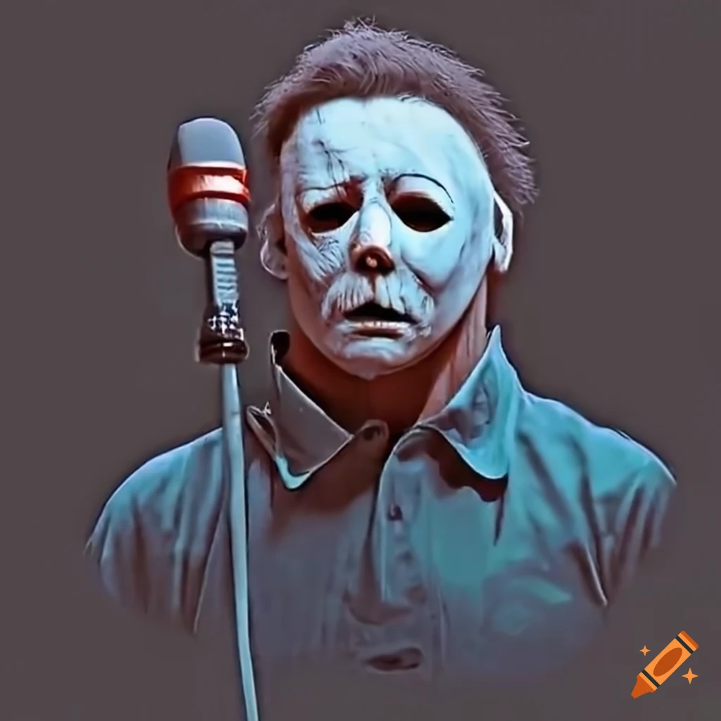 Horror icon michael myers singing into a microphone on Craiyon