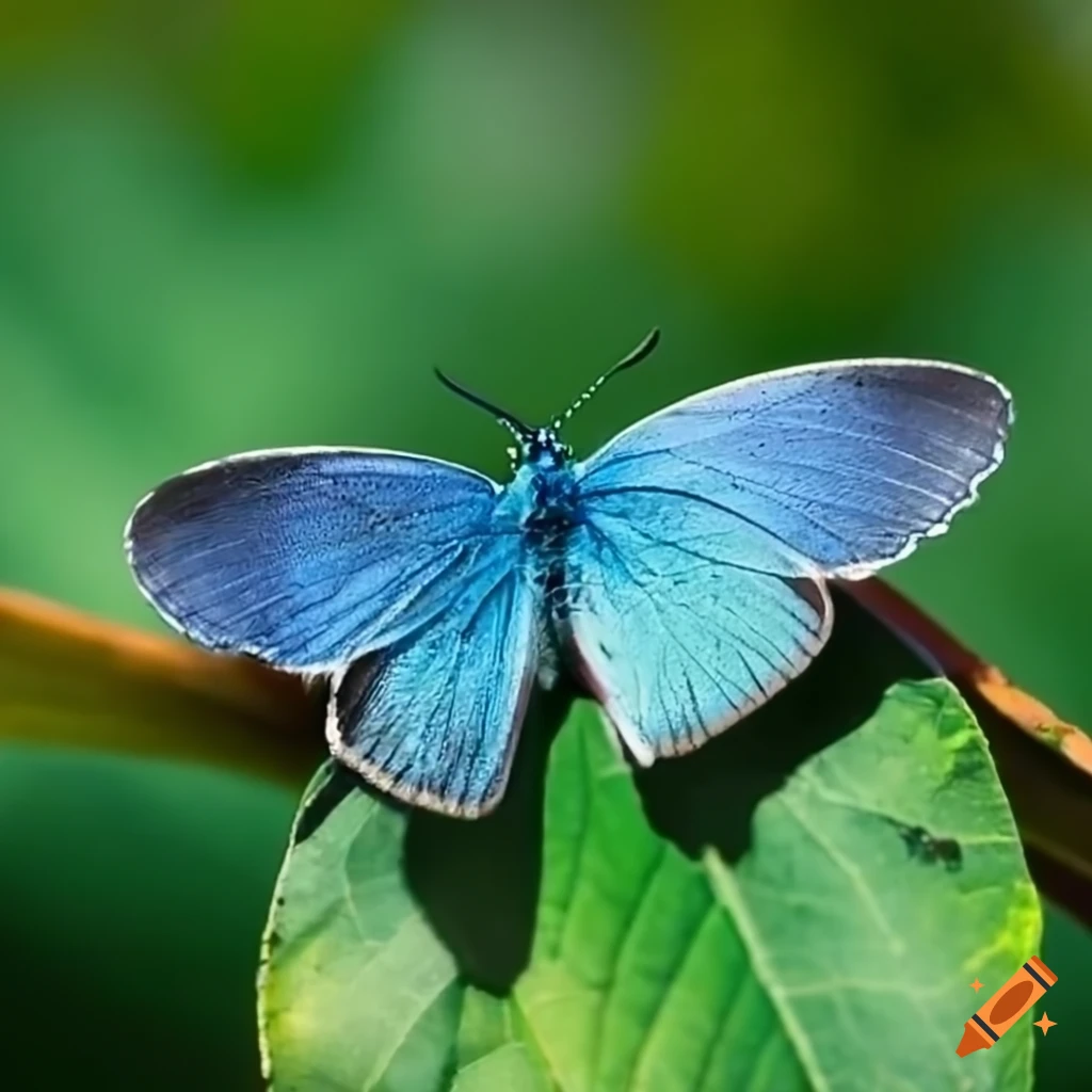Blue butterfly perched on a leaf on a sunny day on Craiyon