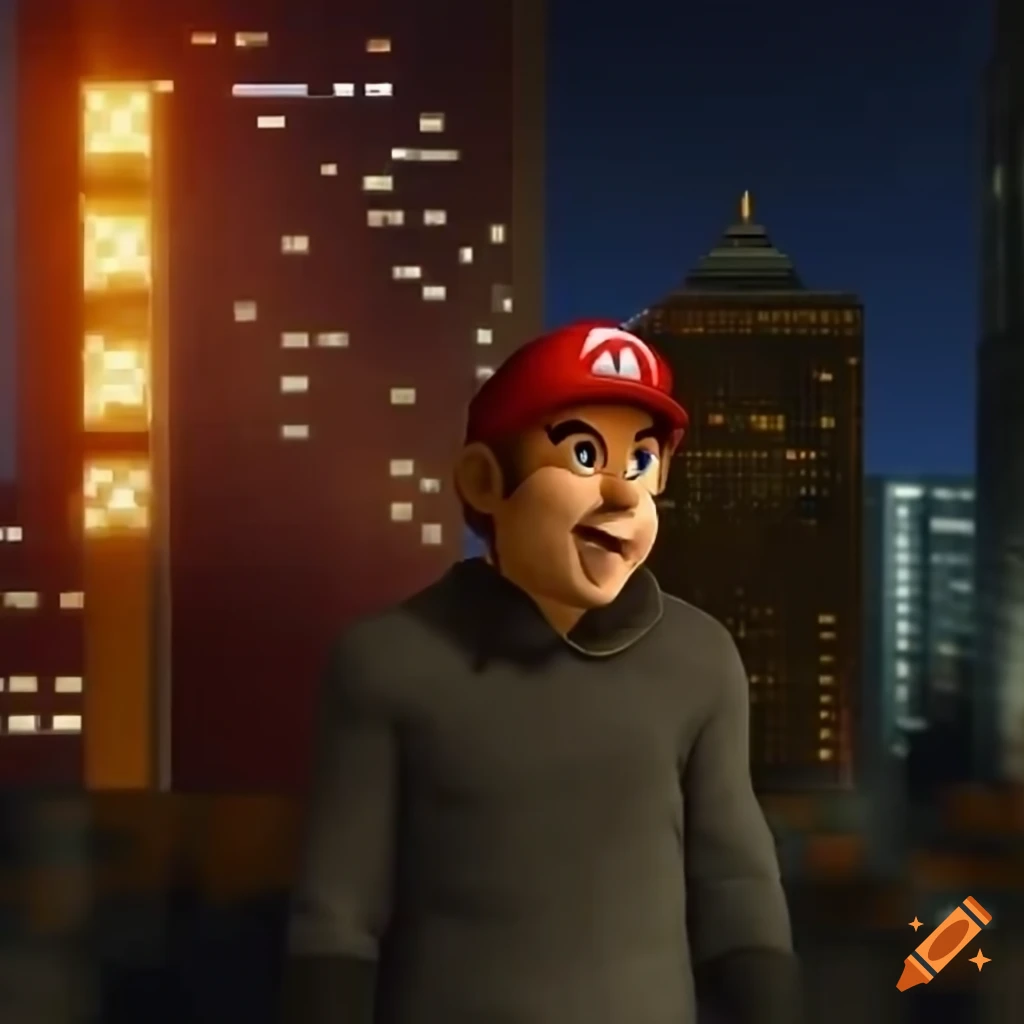 Realistic human portrayal of super mario in a city setting on Craiyon