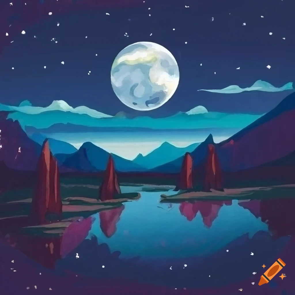 Night landscape with tall trees and mountains under moonlight on Craiyon