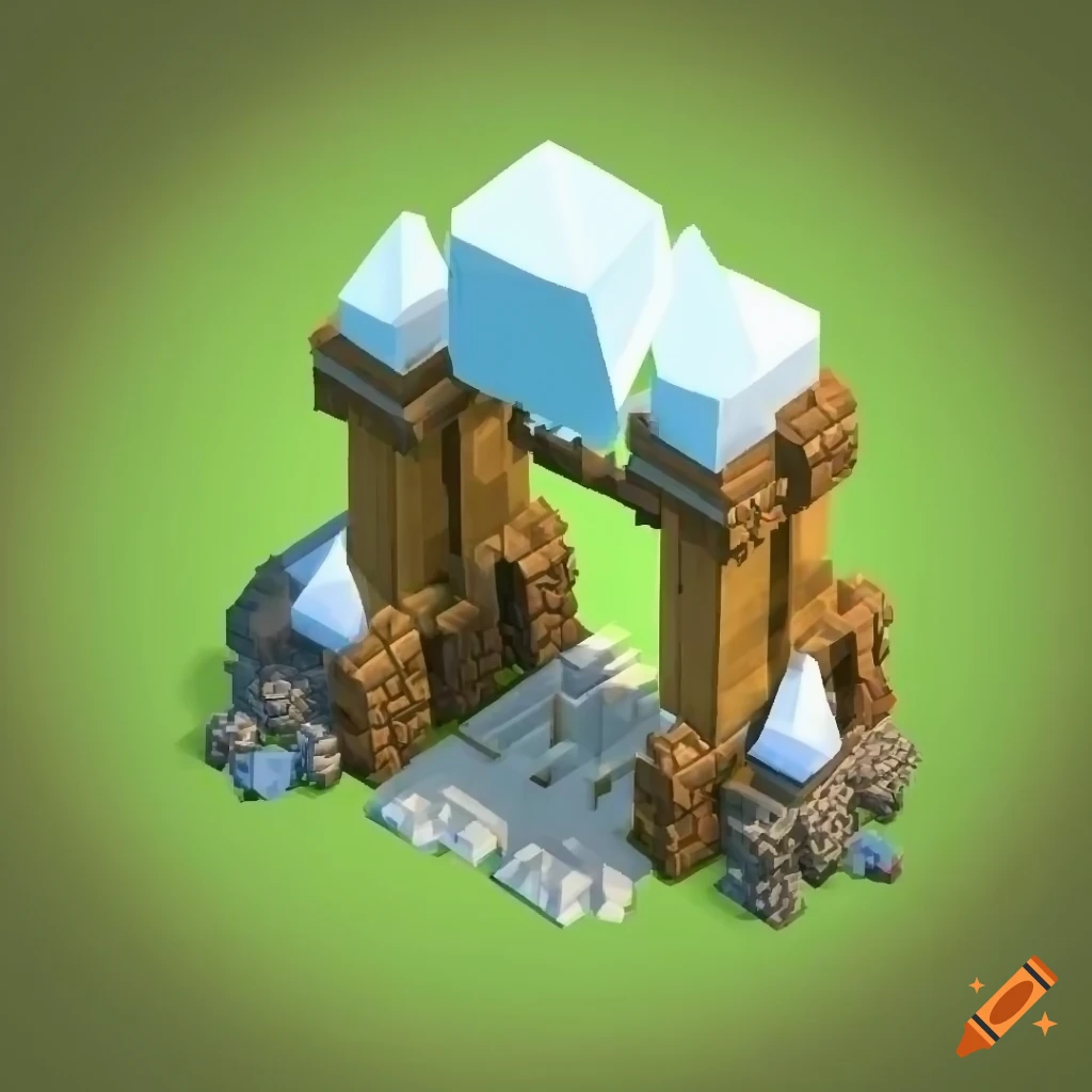 Isometric crystal mine entrance with white crystals and wooden beams on ...