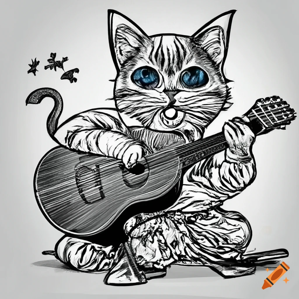 Cats playing guitar in coloring book pages on Craiyon