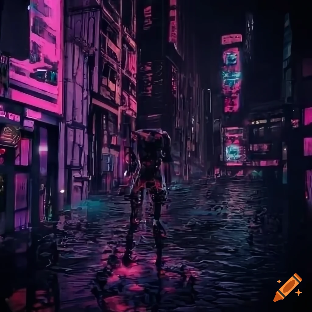 Cityscape merging biopunk and cyberpunk elements with neon-lit streets ...