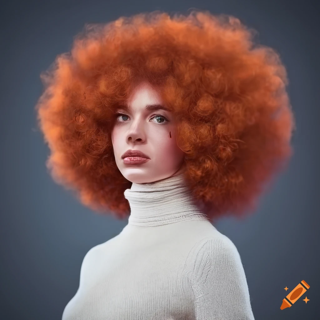 Portrait Of A Beautiful Redhead Woman With A Massive Afro In A White