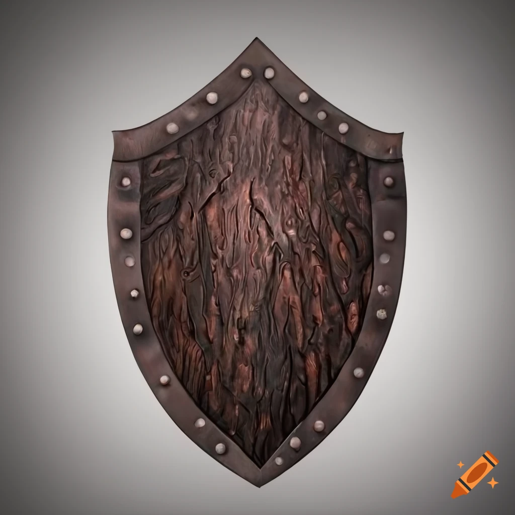 Fantasy shield crafted from dark bark and metal bands on Craiyon
