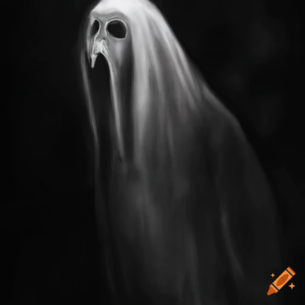 Full body charcoal drawing of a ghost in a dark fantasy setting on Craiyon