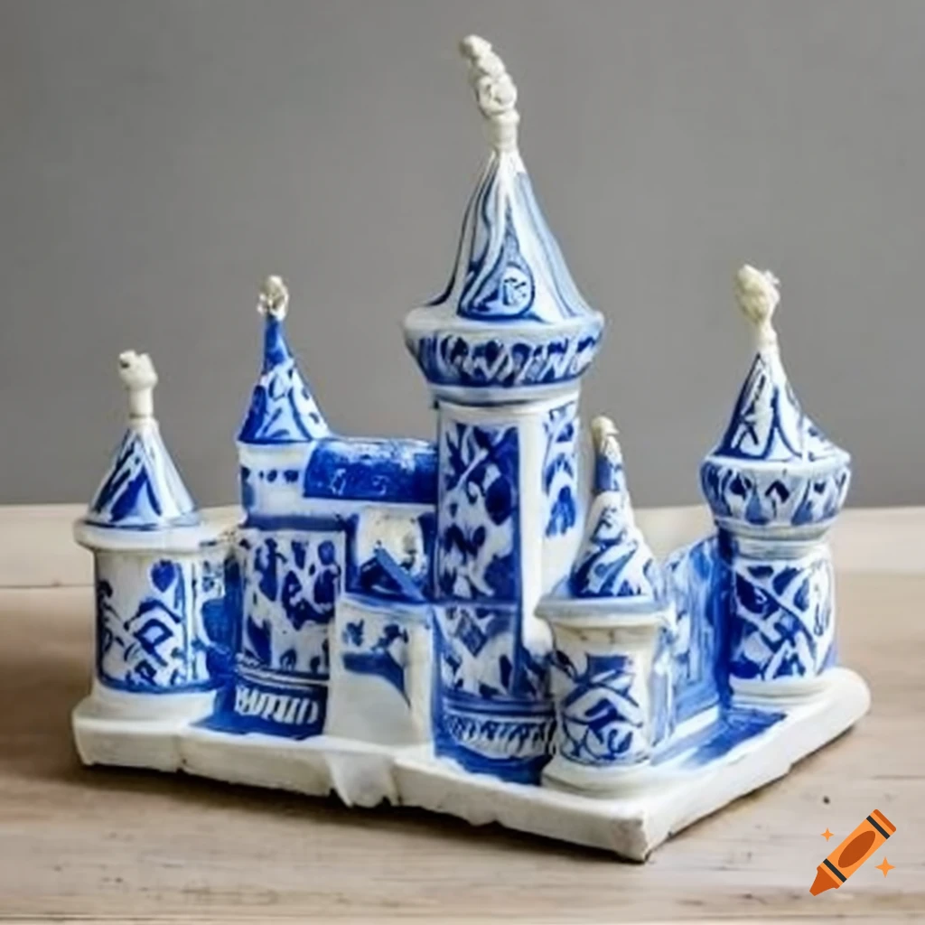 Blue and white ceramic castle sculpture on Craiyon