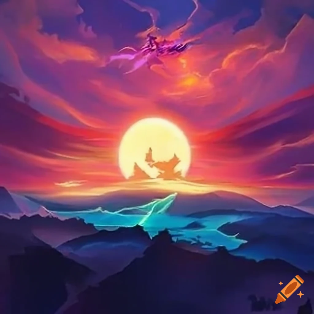 Epic fantasy art with a sunset in a league of legends style on Craiyon