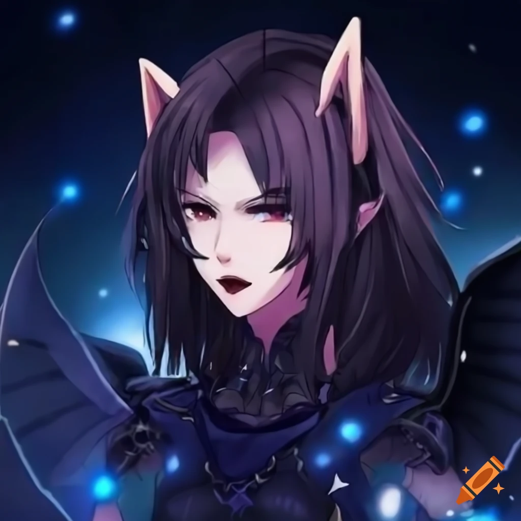 Anime fantasy demon elf with blue star dress and short black hair on ...