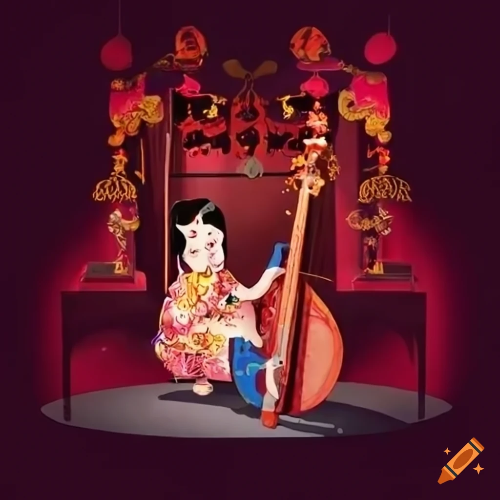 Chinese puppet show poster with traditional musical instruments on Craiyon