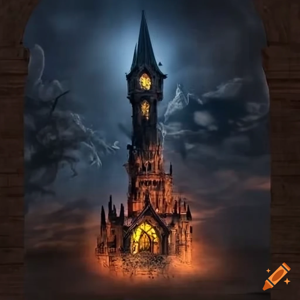 Mystical gothic dark fantasy tower with lit windows on Craiyon