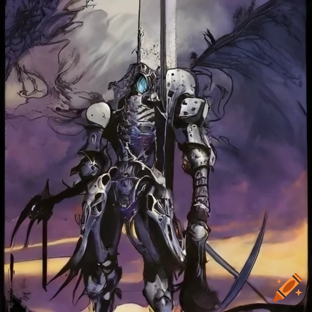 Helmeted cyborg knight in white bone armor among swords in a burning ...