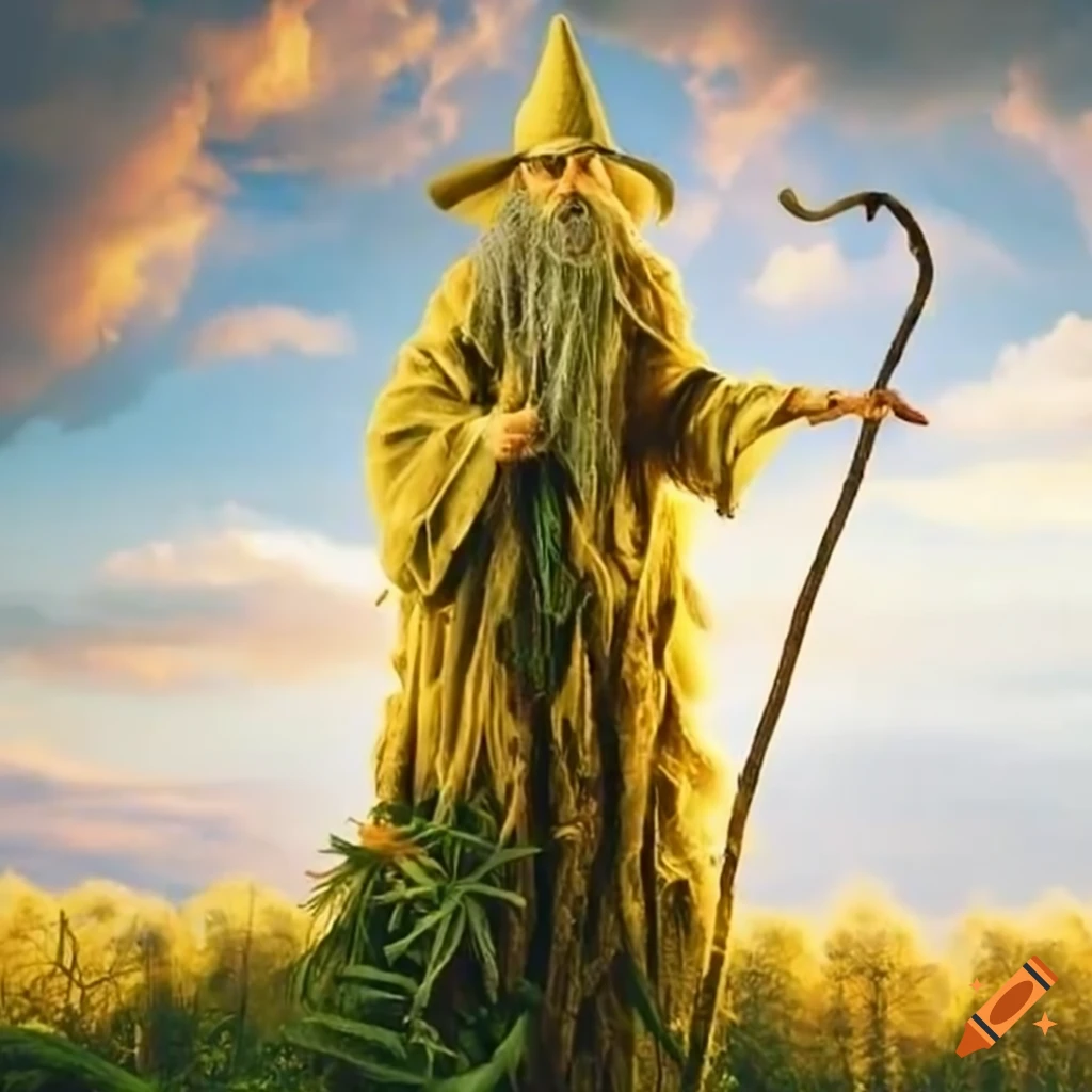 Stoner wizard tending to a 20 foot tall hemp plant in the clouds on Craiyon