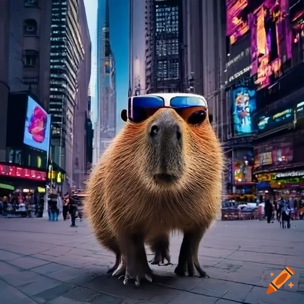 Capybara walking down times square with sunglasses on Craiyon