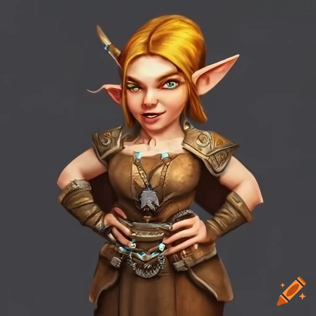 Cheerful female gnome rogue with fiery eyes and golden hair holding ...