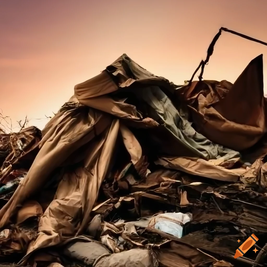 Pile of junk garbage covered with a drapery in a dramatic destroyed ...