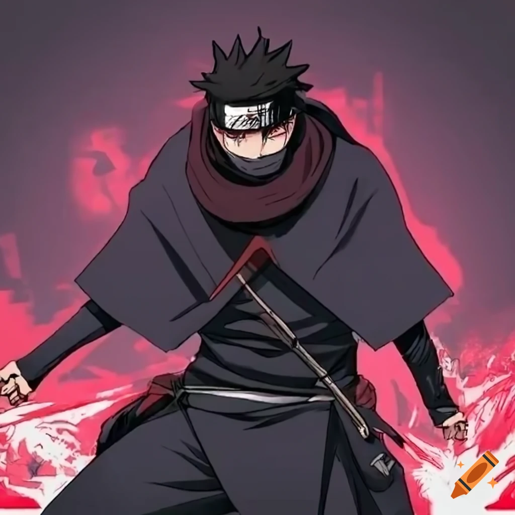 Athletic shinobi with a ronin coat and hat, glowing red eyes on Craiyon