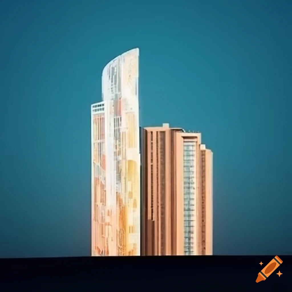 Cityscape with curved high rise buildings, metro line, and buses for ...