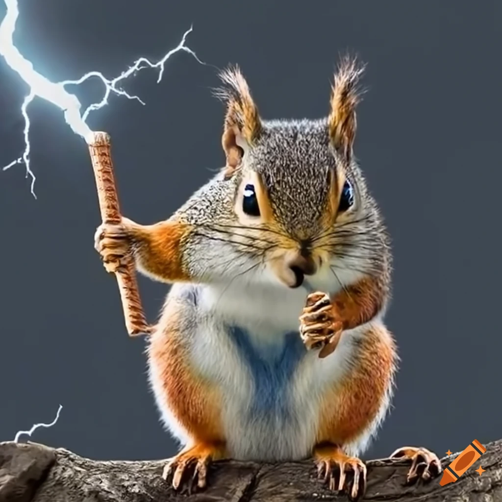 Squirrel holding thor's hammer with lightning bolts striking on Craiyon